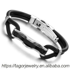China Tagor Stainless Steel Jewelry Super Fashion Silicone Leather Bracelet Bangle TYSR020 supplier