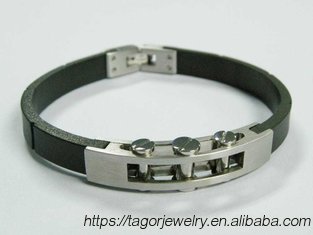 China Top Quality Europe Fashion Stainless Steel Genuine Leather Silicone Bangle Bracelet ADB143 supplier