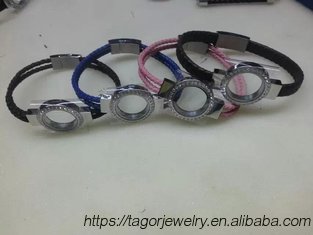 China Tagor Jewelry New Style Leather Cord Stainless Steel Glass Lockets Bracelets,Multi Colors supplier
